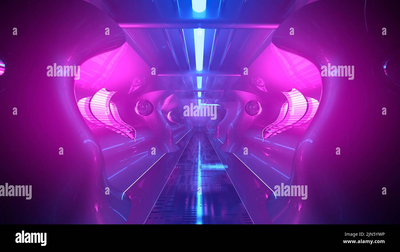 3D rendering of a science fiction hallway in blue and purple neon light ...