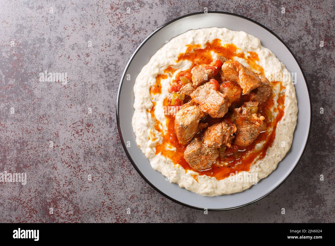 Turkish Food Hunkar Begendi made with Eggplant and Meat closeup in the ...