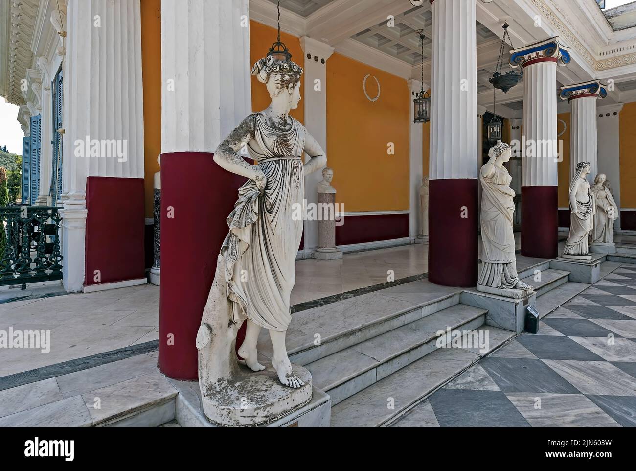 Statues of Greek mythical muses on the balcony of Achilleion palace in ...