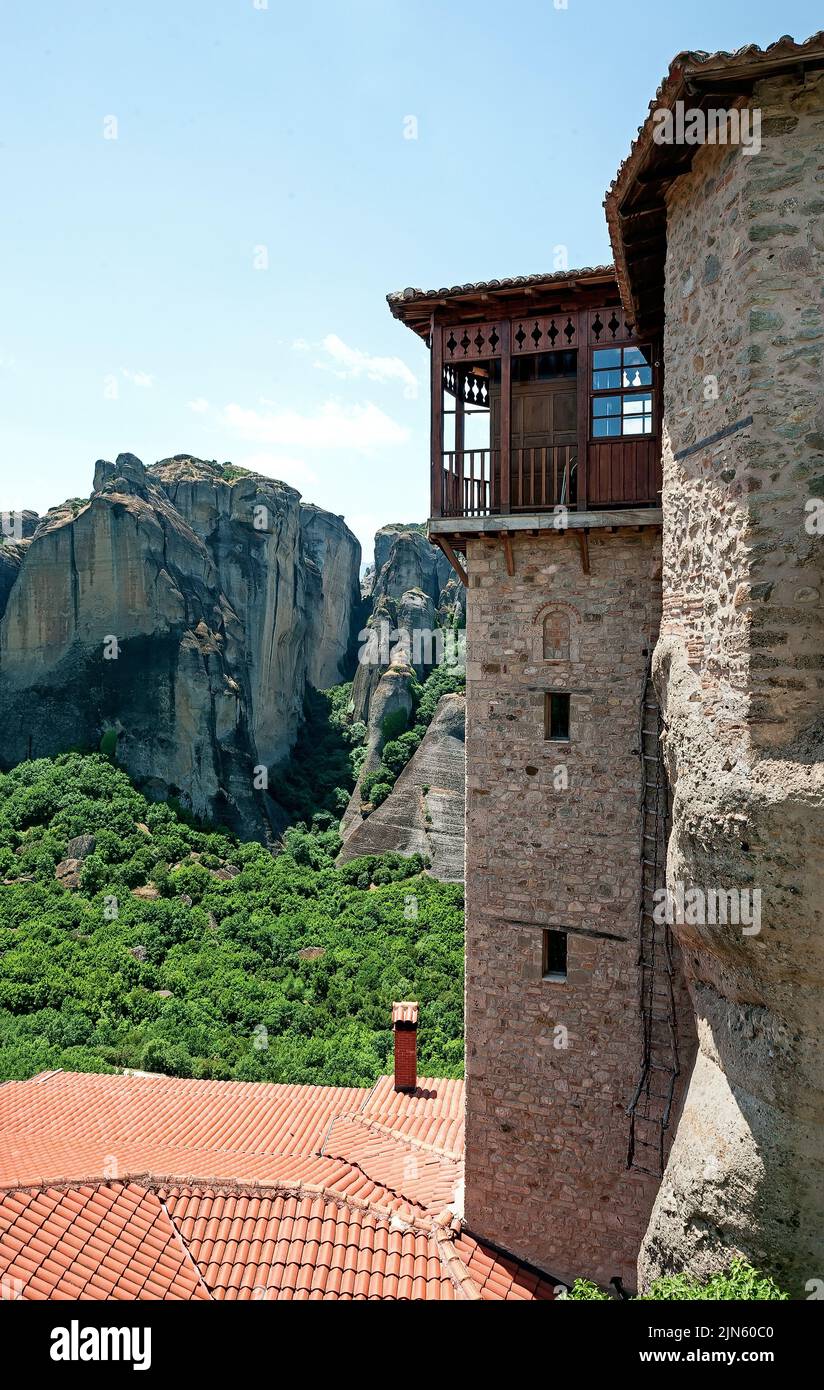 Roussanou Monastery tower overlooking the mountain valley in Meteora ...