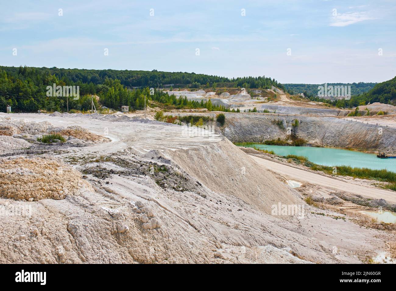 Quarry extraction porcelain clay, kaolin, with turquoise water and ...