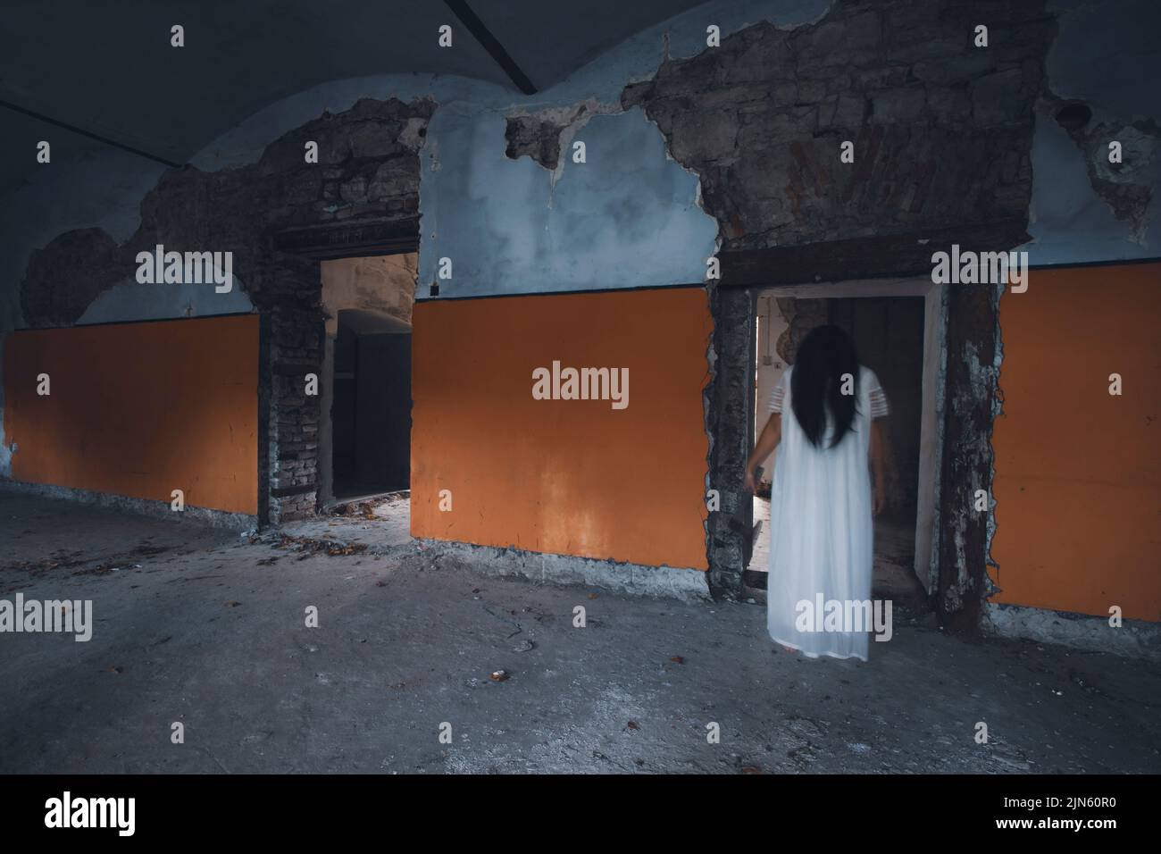 Ghost In Abandoned Haunted House Horror Scene Of Scary Spirit Of A Woman Halloween Concept