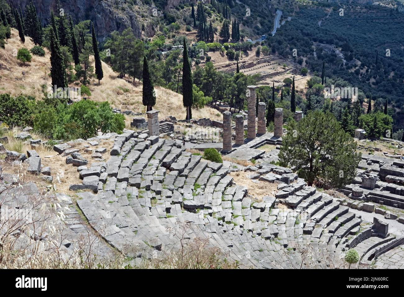 Panorama with greek theater in Delphi, Greece Stock Photo - Alamy