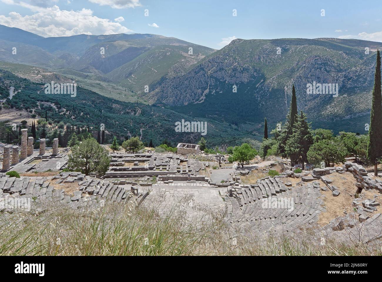 Panorama with greek theater in Delphi, Greece Stock Photo - Alamy