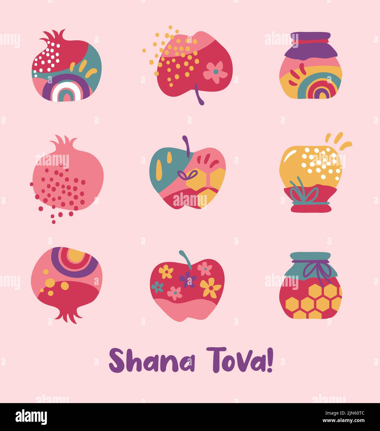 Rosh Hashana, Jewish holiday icons with abstract patterns. Apple, honey ...