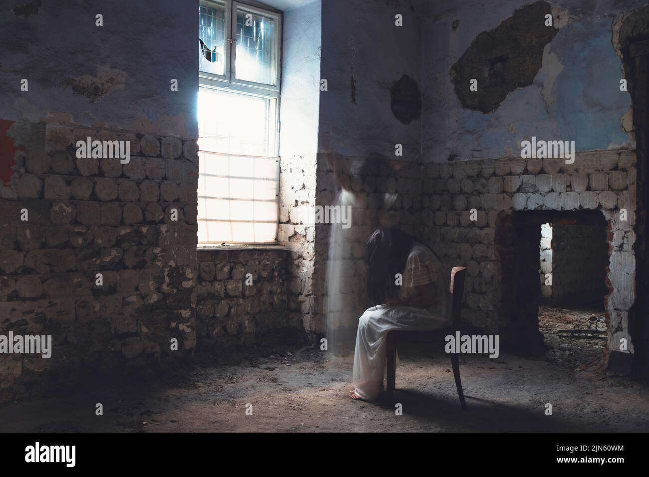 Ghost in abandoned, haunted house. Horror scene of scary spirit of a ...