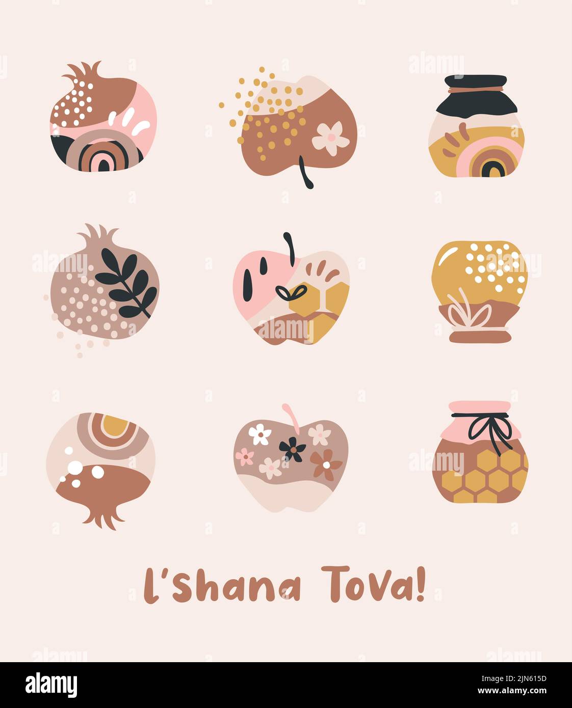 Rosh Hashana, Jewish holiday icons with abstract patterns. Apple, honey ...