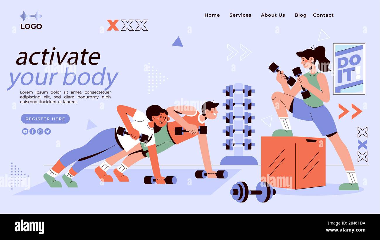 Flat gym and exercise landing page template Vector illustration Stock ...