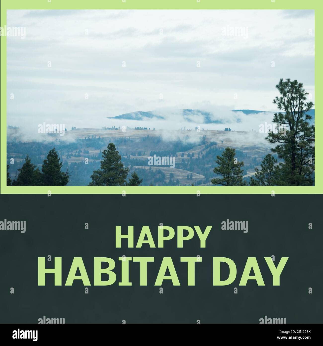 Composition of happy habitat day text over landscape Stock Photo - Alamy
