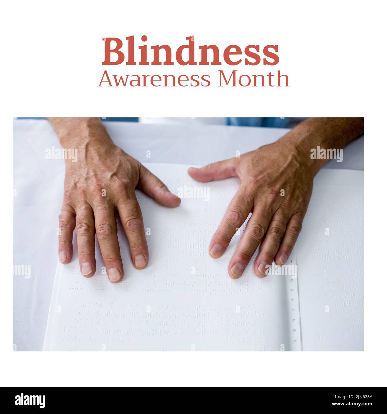 Composition of blindness awareness month text over hands reading ...