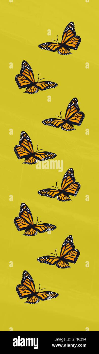 Composition of multiple colourful butterflies flying on green ...