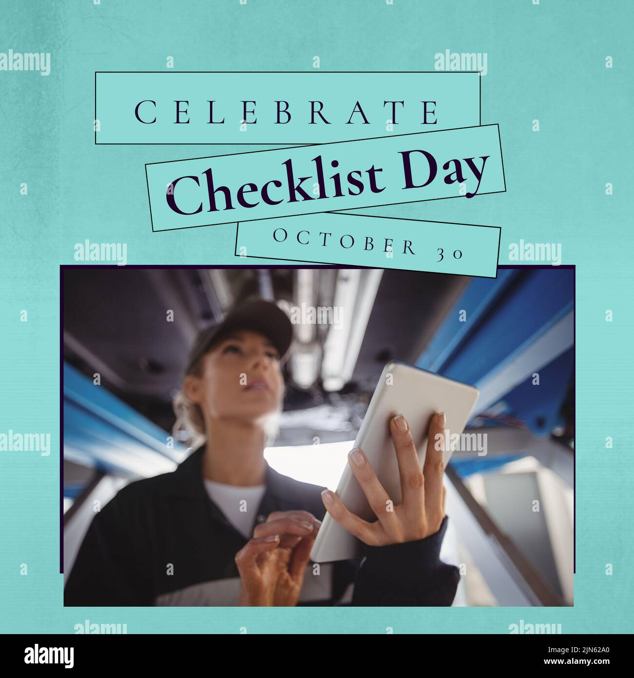 Composition of checklist day text over caucasian female worker with ...