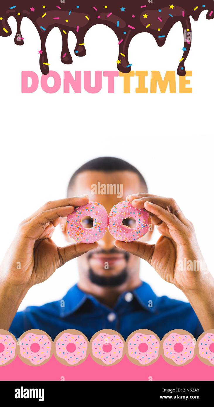 Composition of donut time text with donut icons and biracial man ...