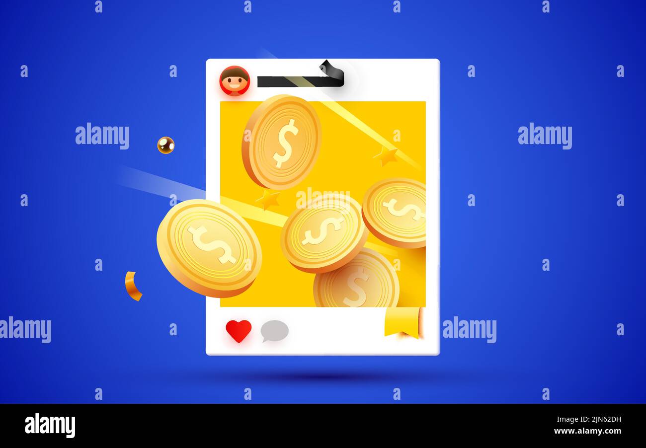Social media photo frame with money explosion. Monetization concept ...