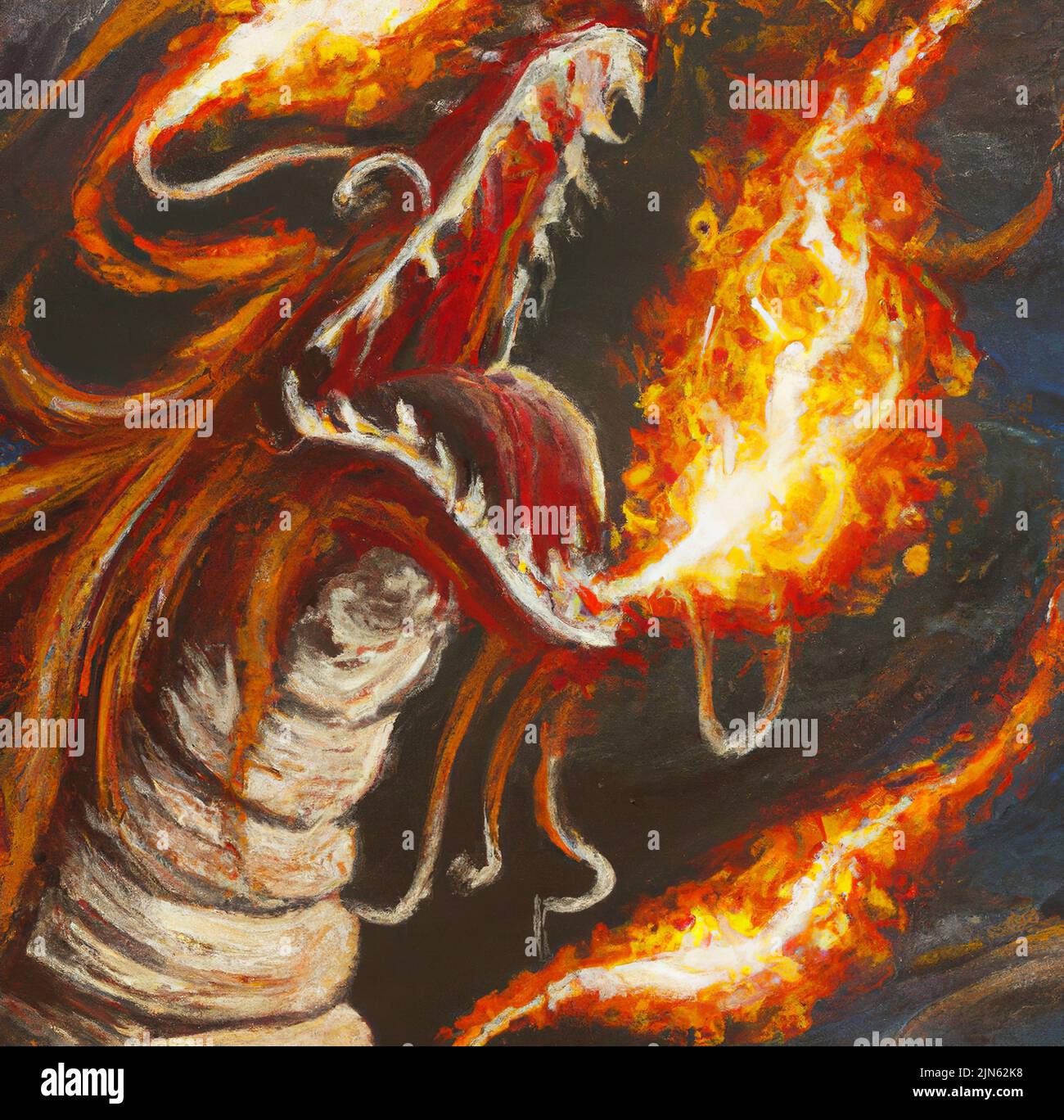 An evil fantastic dragon breathes flame towards a magical medieval ...