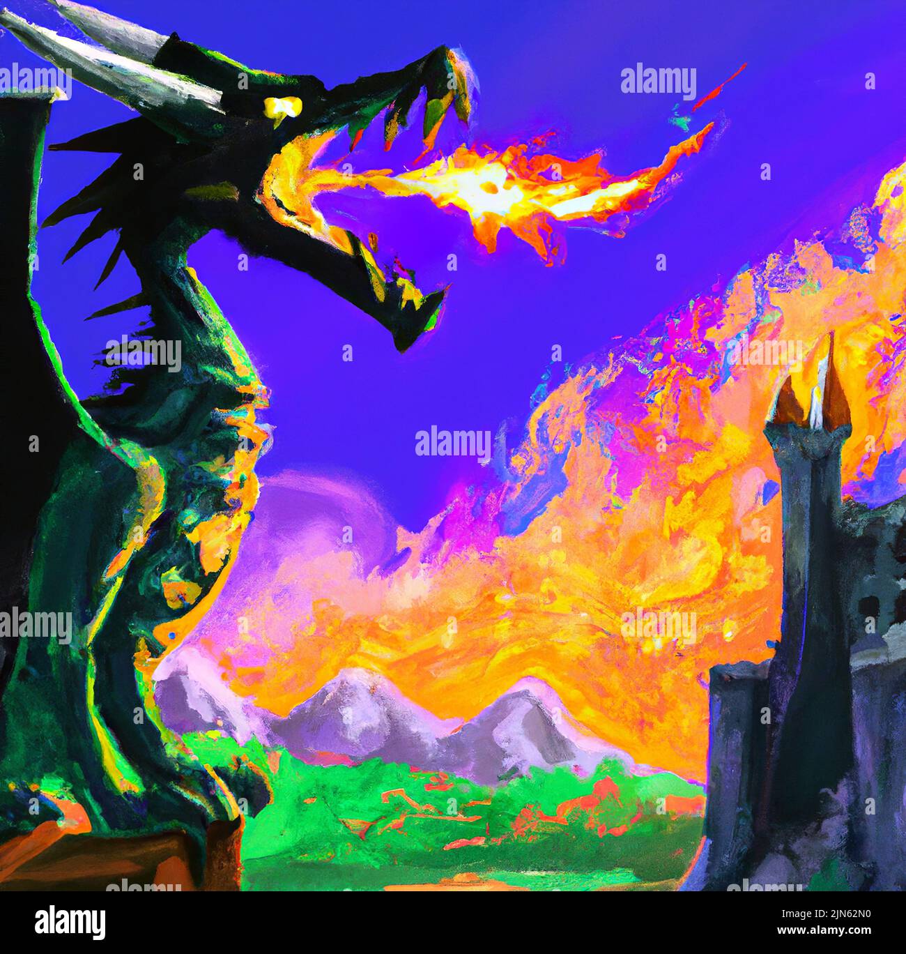 An evil fantastic dragon breathes flame towards a magical medieval ...