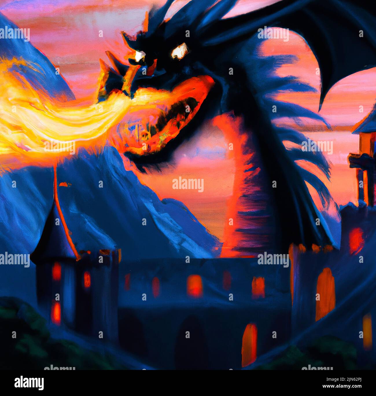 An evil fantastic dragon breathes flame towards a magical medieval ...