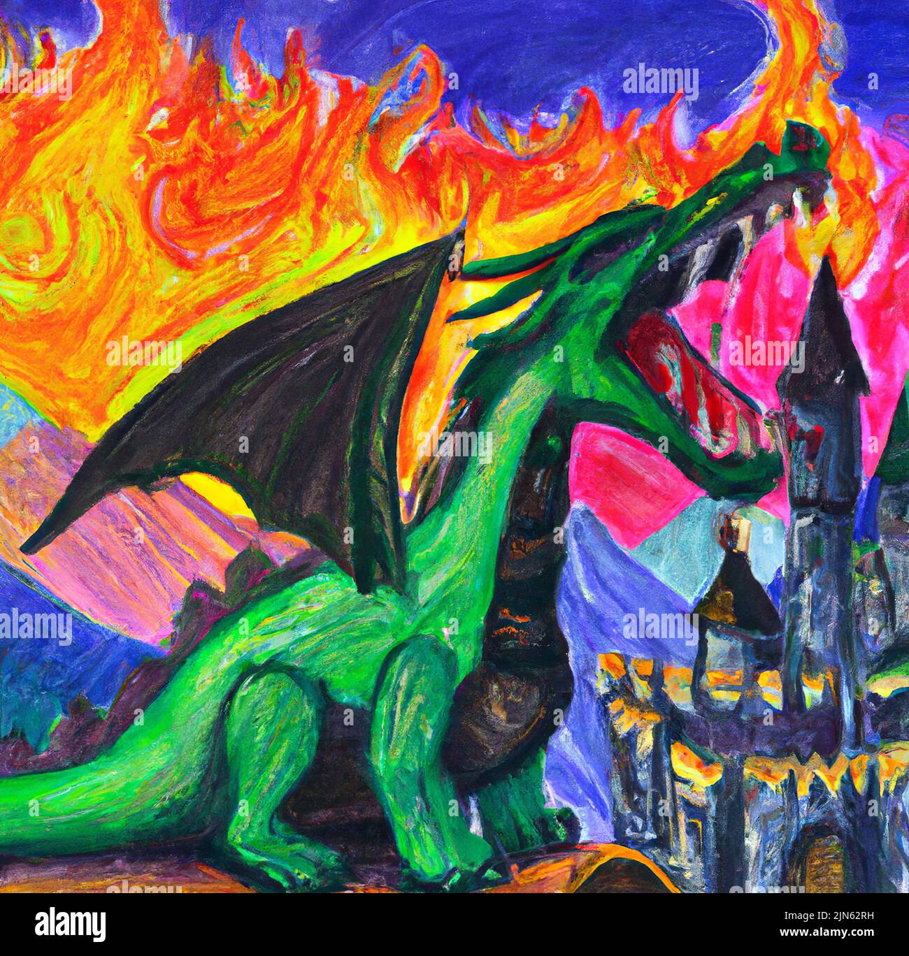An evil fantastic dragon breathes flame towards a magical medieval ...