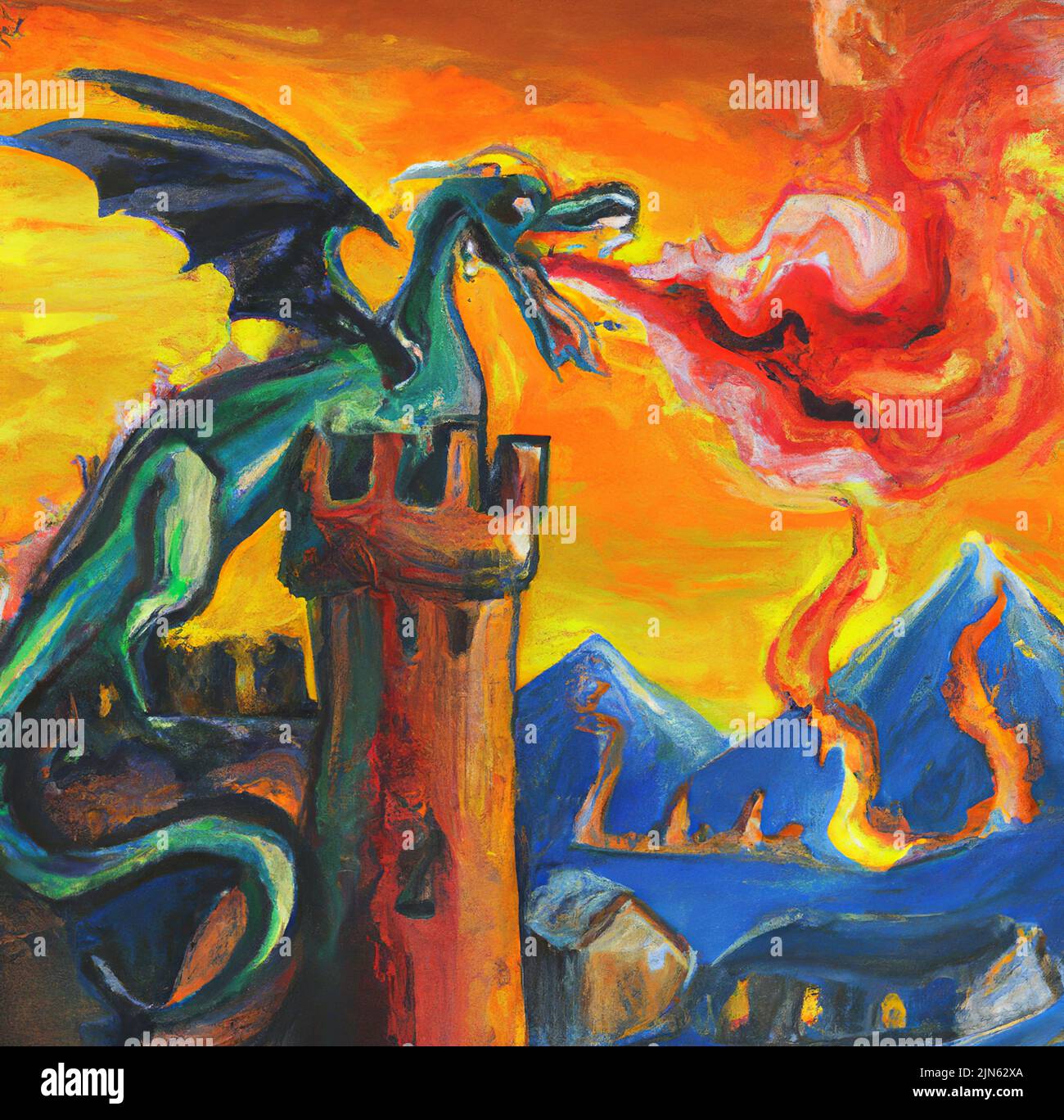 An evil fantastic dragon breathes flame towards a magical medieval ...