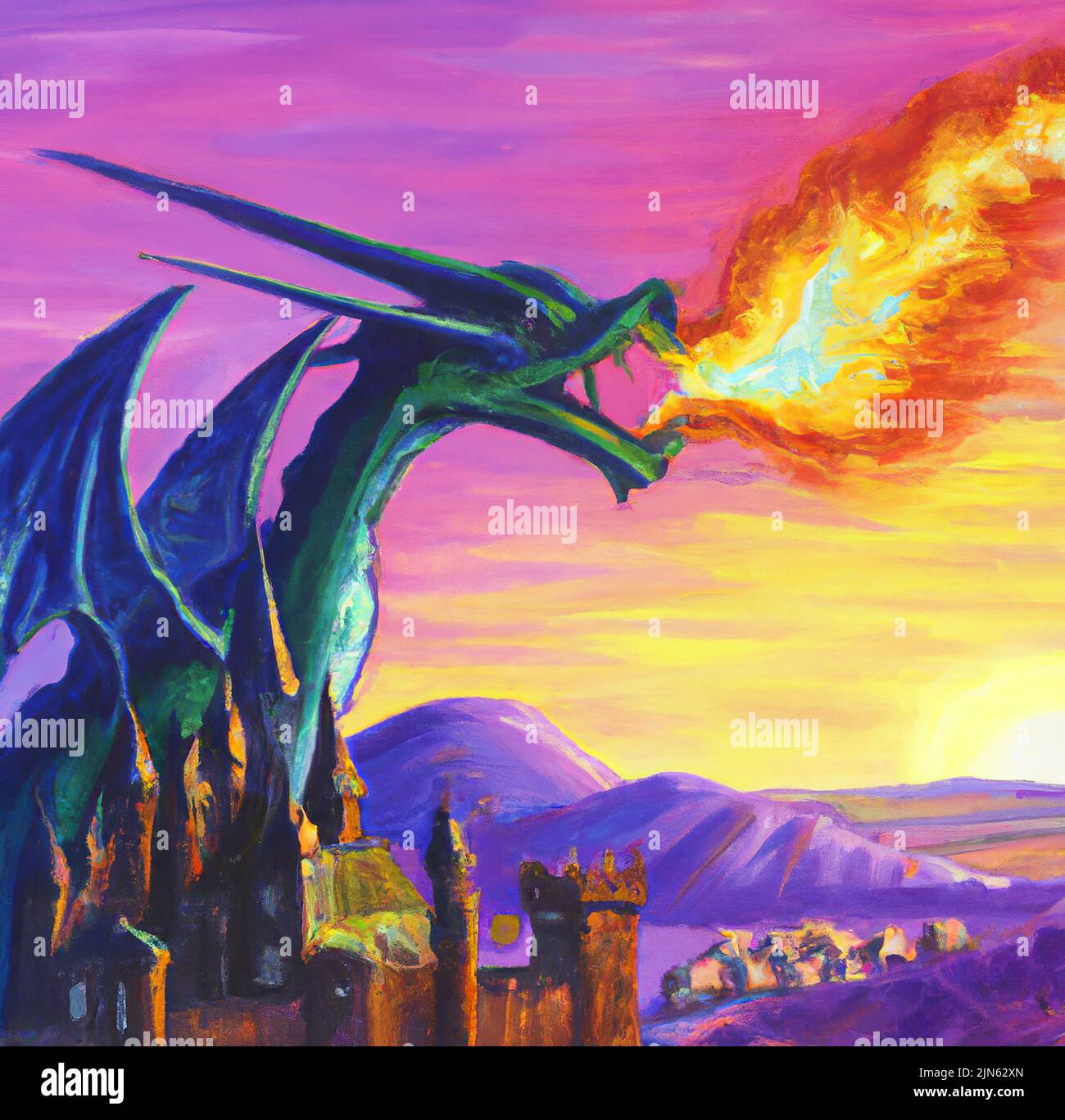 An evil fantastic dragon breathes flame towards a magical medieval ...