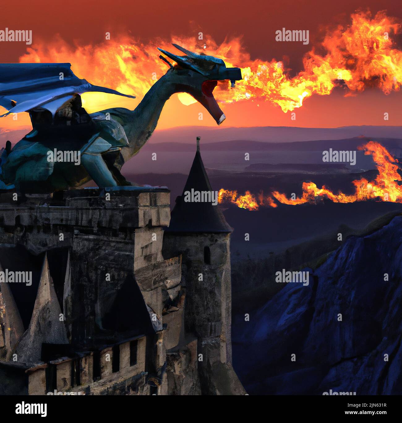 An evil fantastic dragon breathes flame towards a magical medieval ...