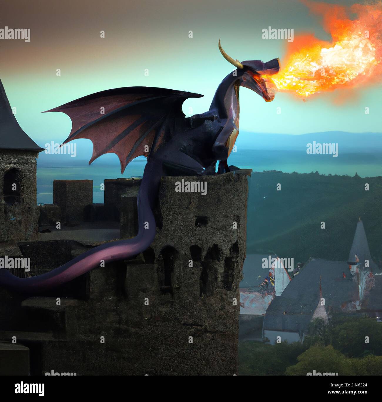 An evil fantastic dragon breathes flame towards a magical medieval ...