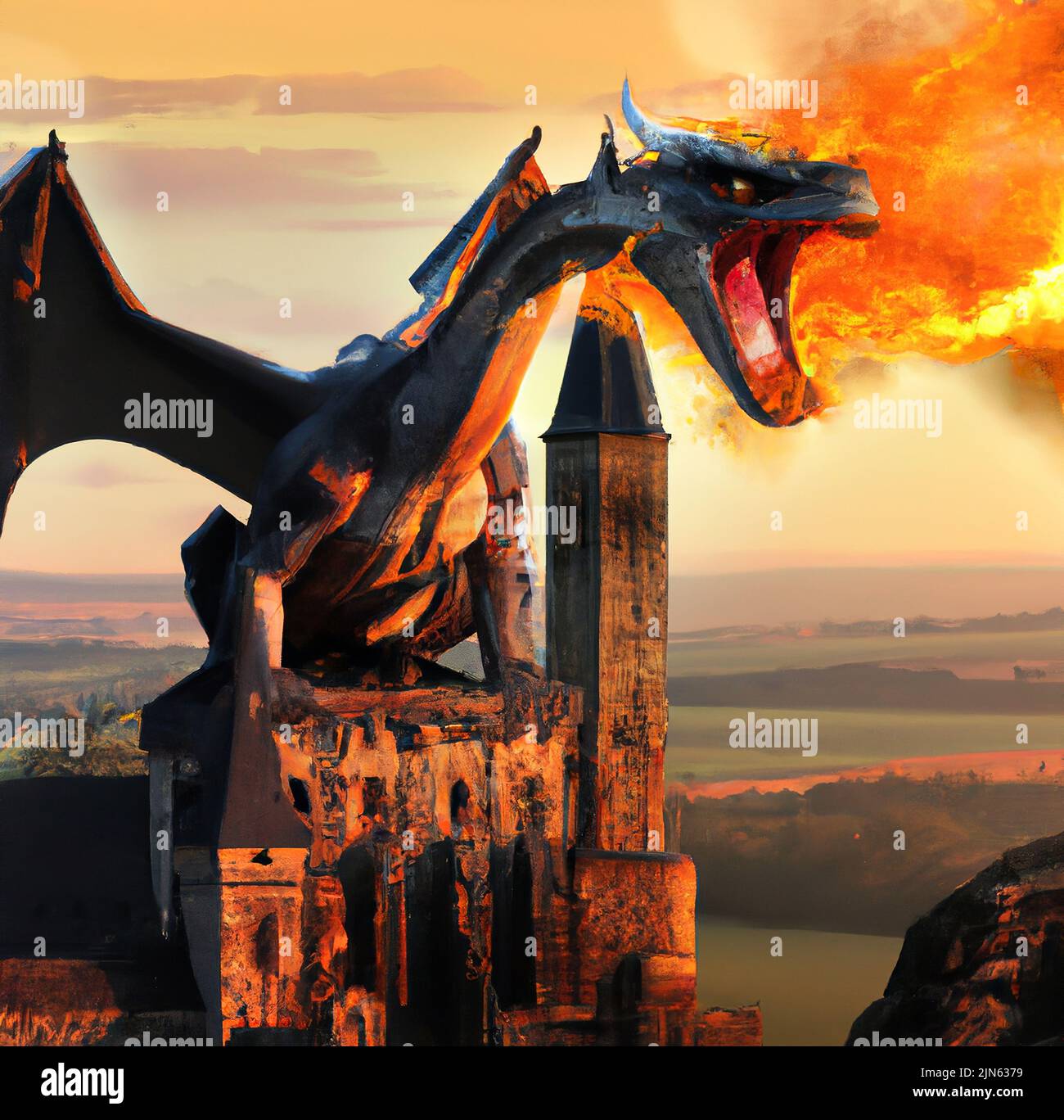 An evil fantastic dragon breathes flame towards a magical medieval ...