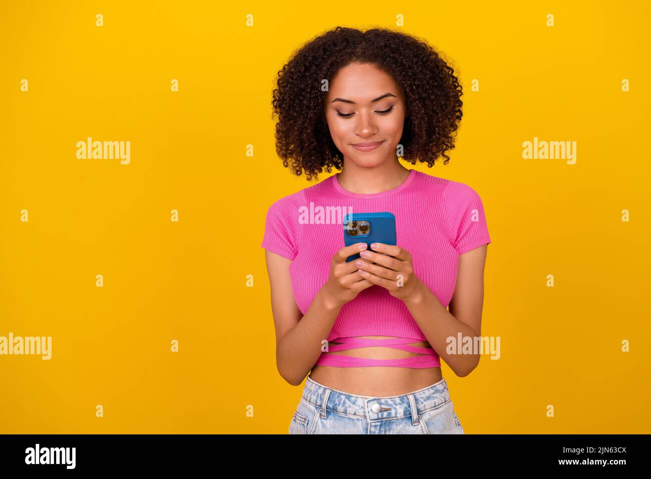 Photo of nice brunette millennial lady look telephone wear pink top ...