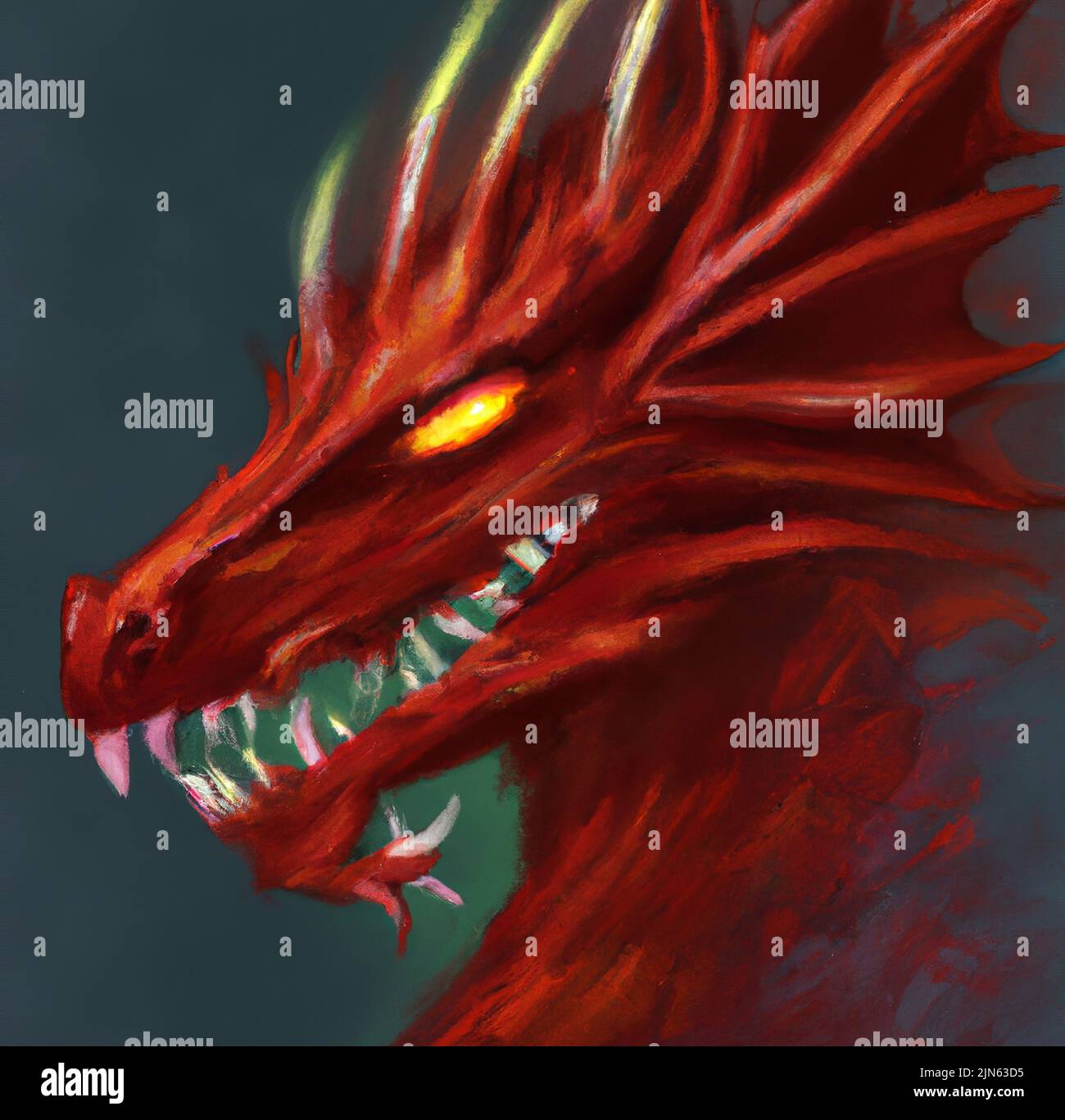 An evil fantastic dragon breathes flame towards a magical medieval ...