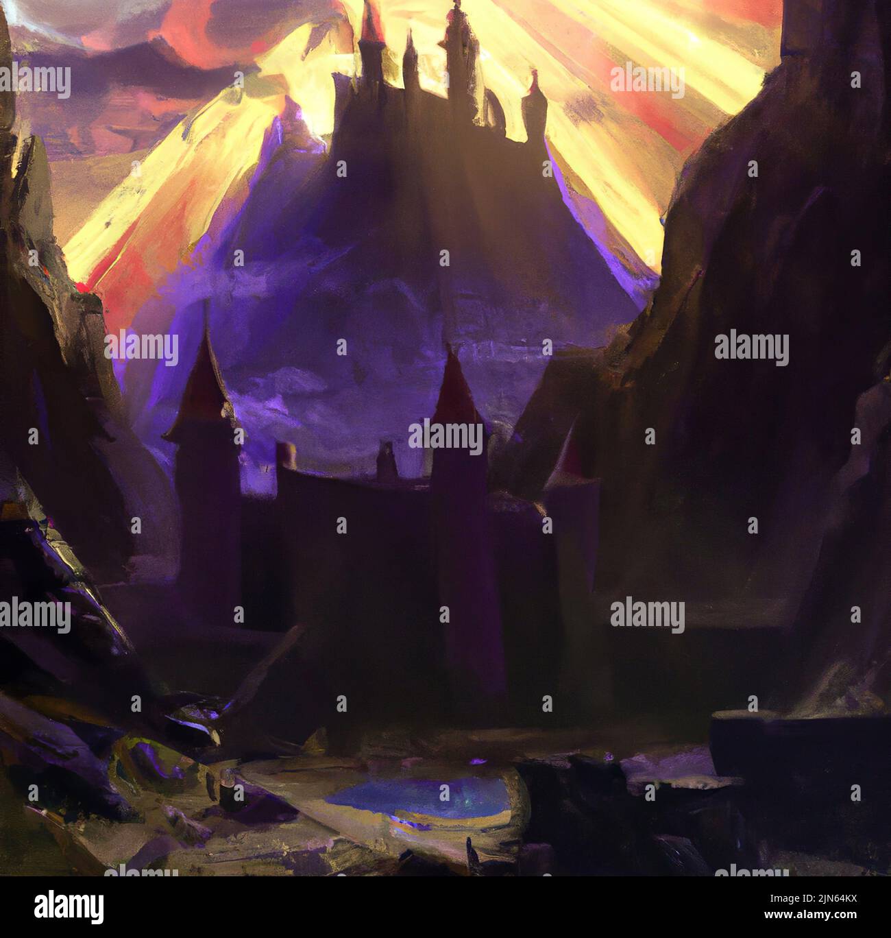 Mystic dark fantasy medieval castle with dragons flying in the sky ...