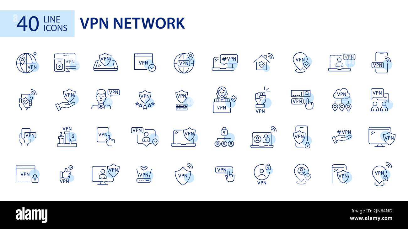 40 VPN secure network and user data protection icons. Pixel perfect ...