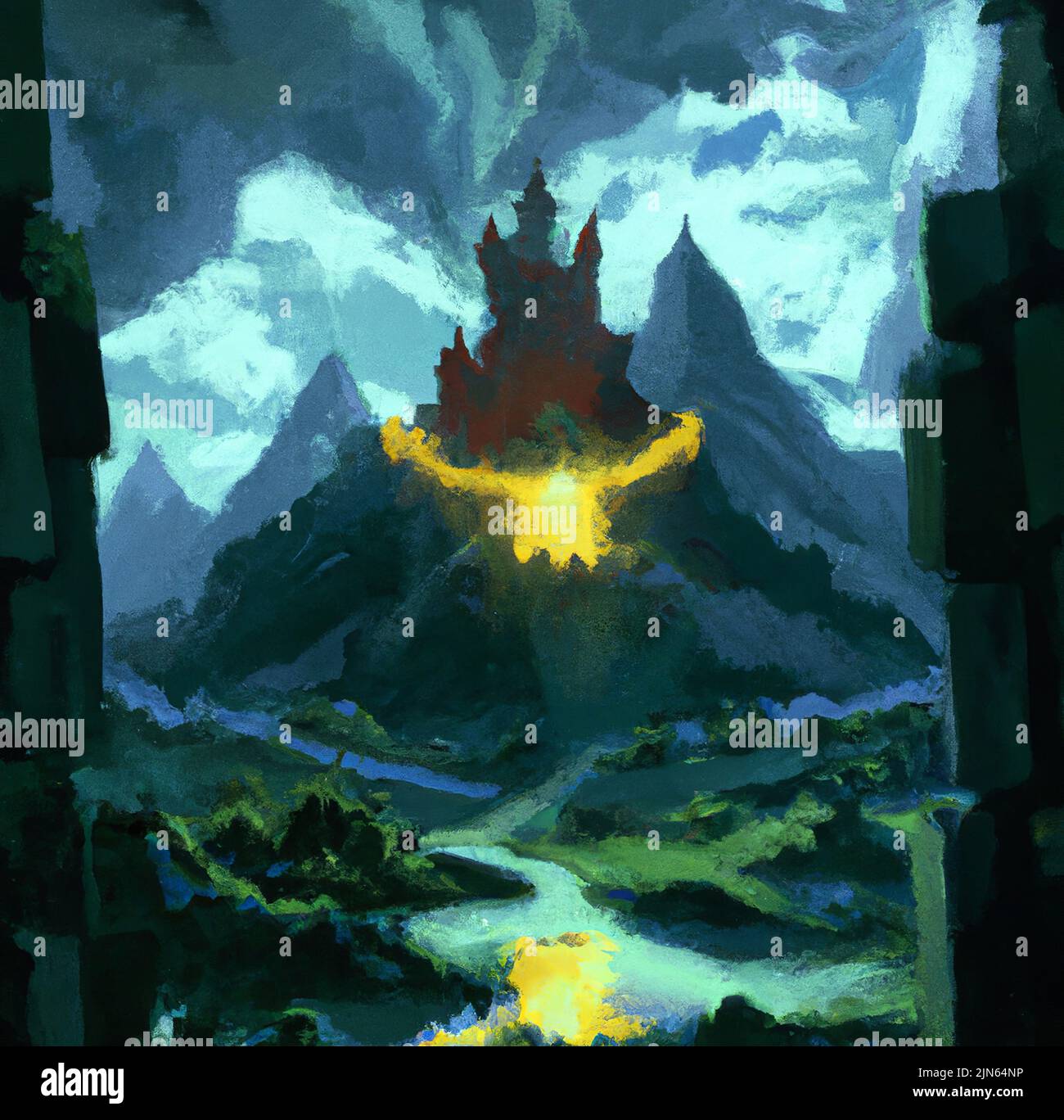 Mystic dark fantasy medieval castle with dragons flying in the sky ...