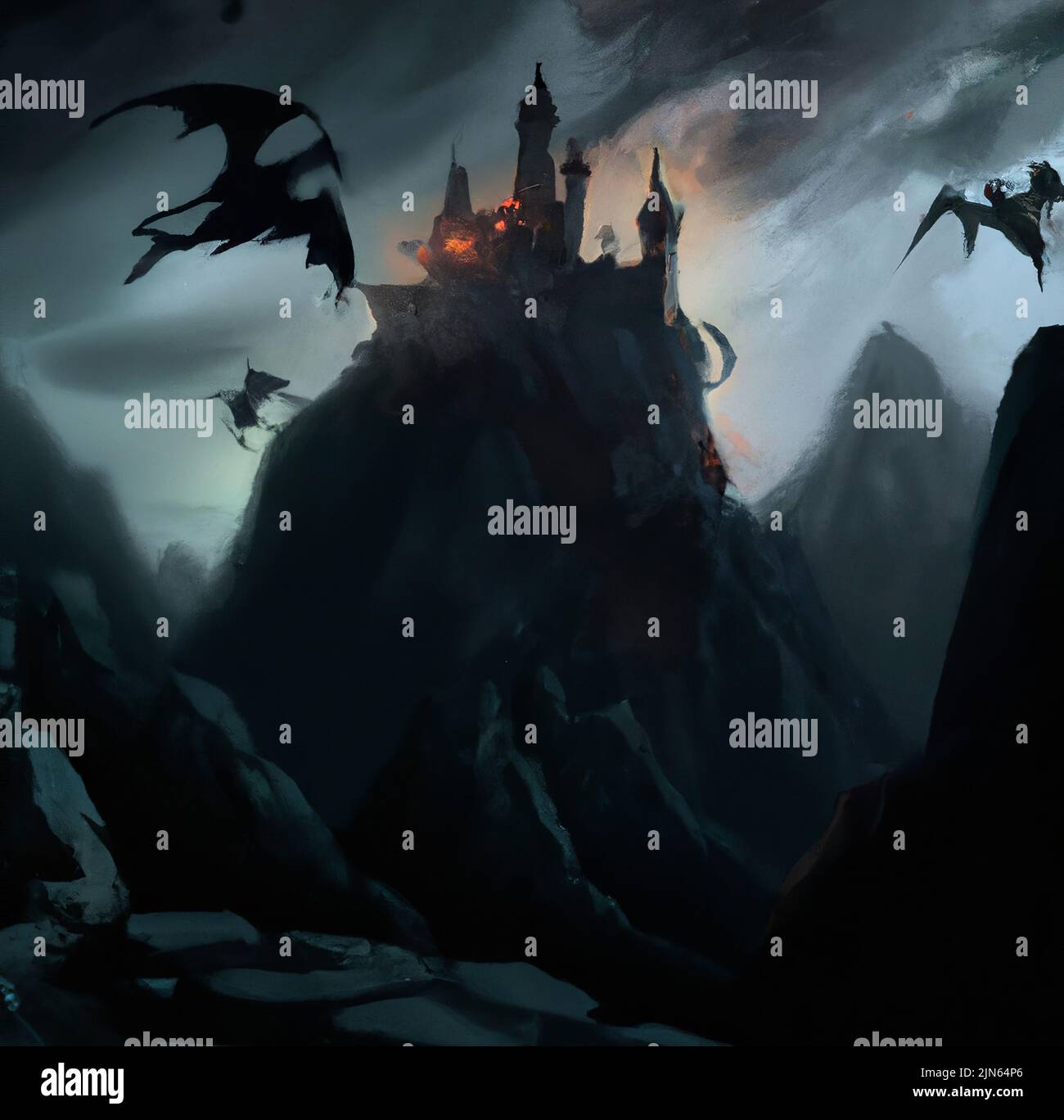 Mystic dark fantasy medieval castle with dragons flying in the sky ...