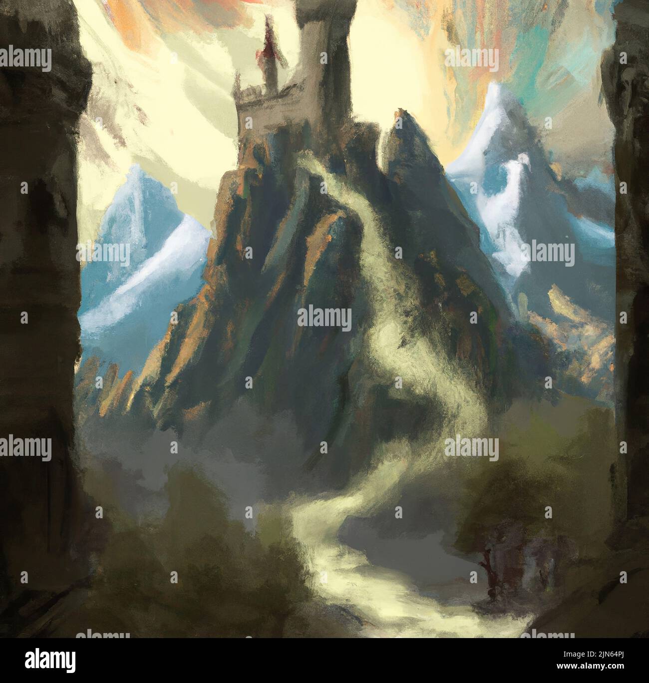 Mystic dark fantasy medieval castle with dragons flying in the sky ...