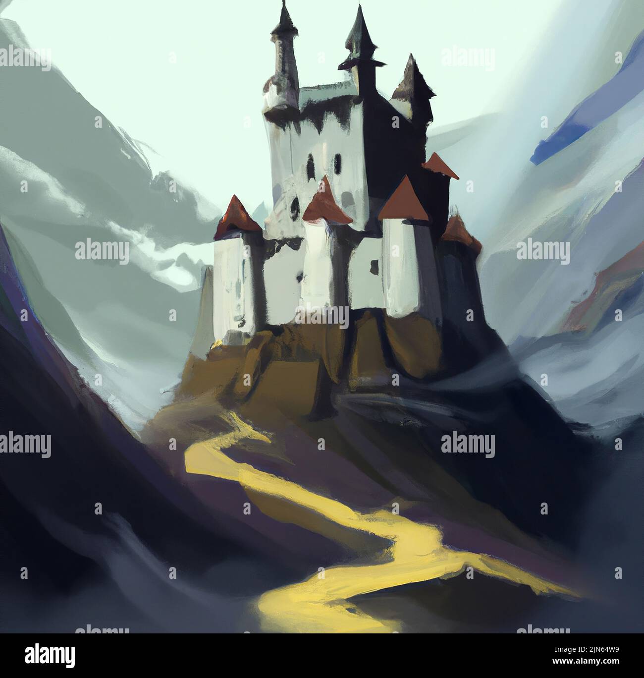 Mystic dark fantasy medieval castle with dragons flying in the sky ...