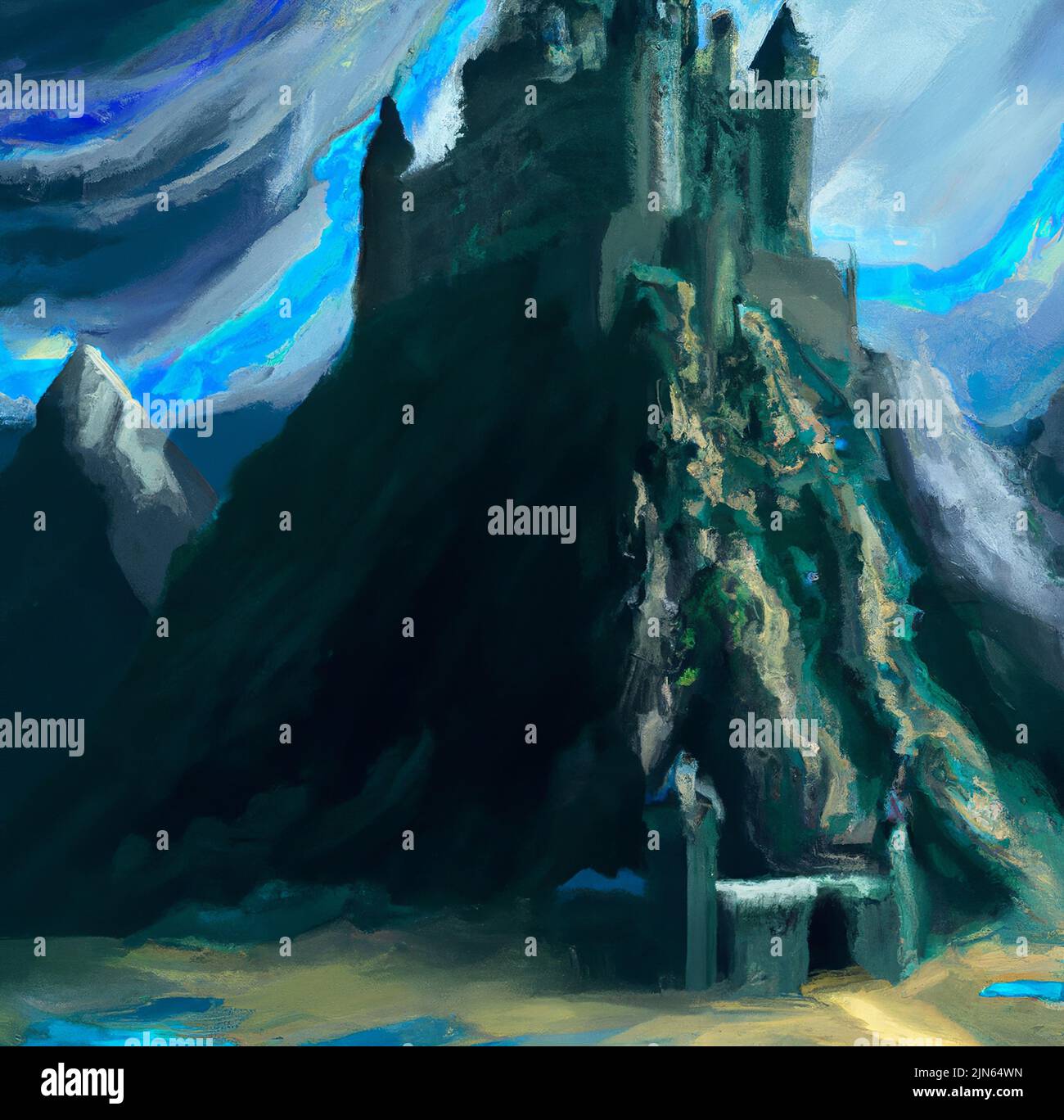 Mystic dark fantasy medieval castle with dragons flying in the sky ...