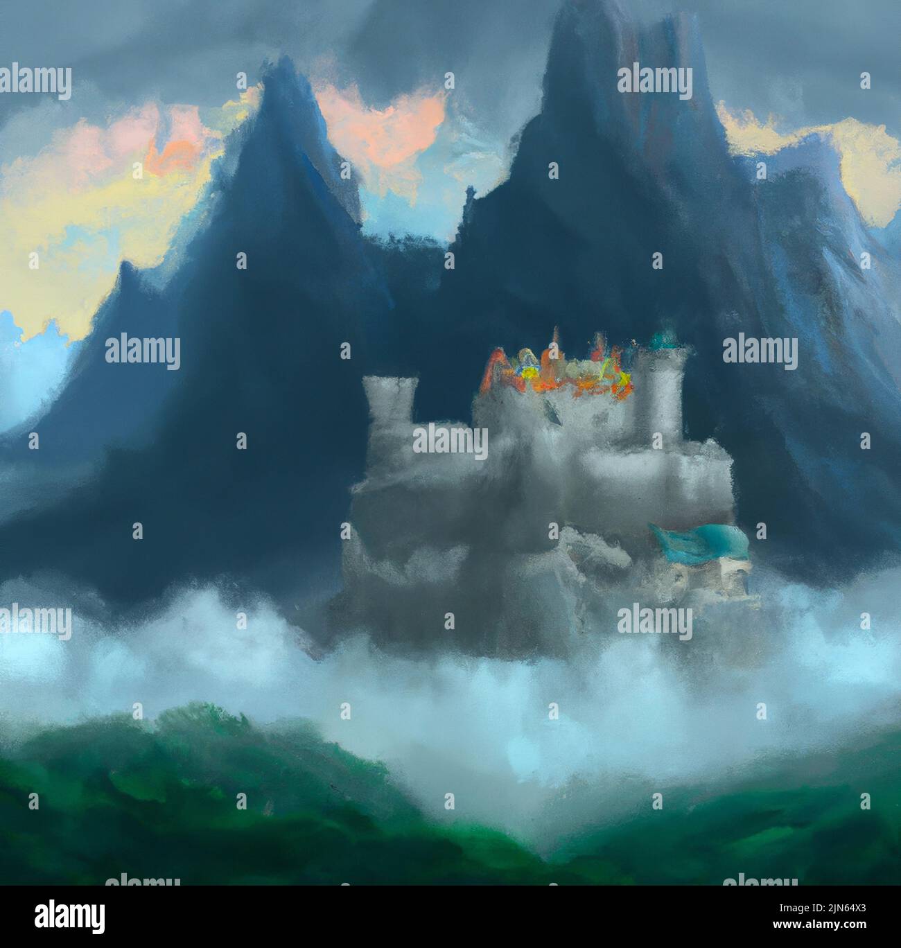 Mystic dark fantasy medieval castle with dragons flying in the sky ...