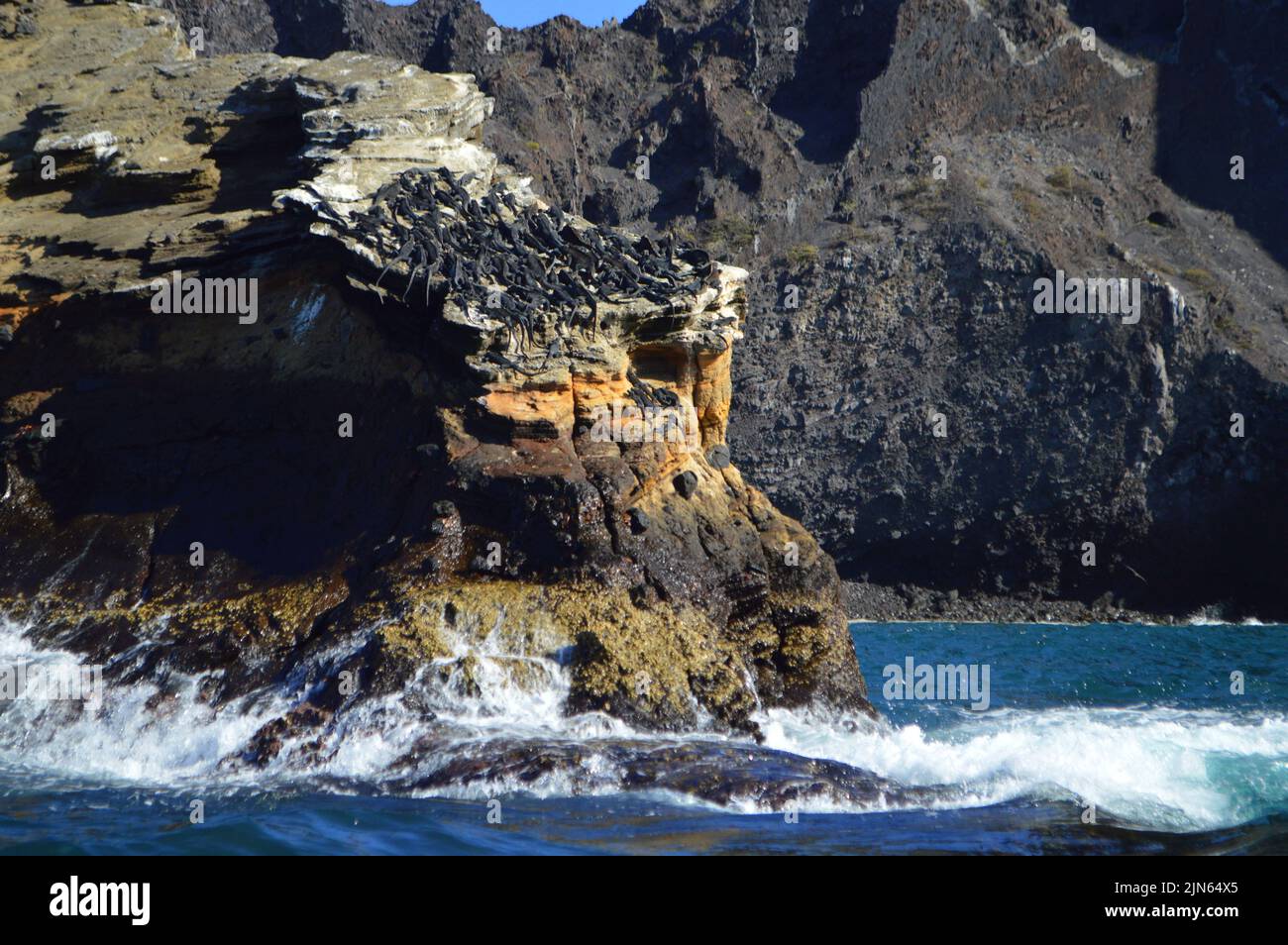 Sea crushing against the black rocks, Galapagos islands, Ecuador ...
