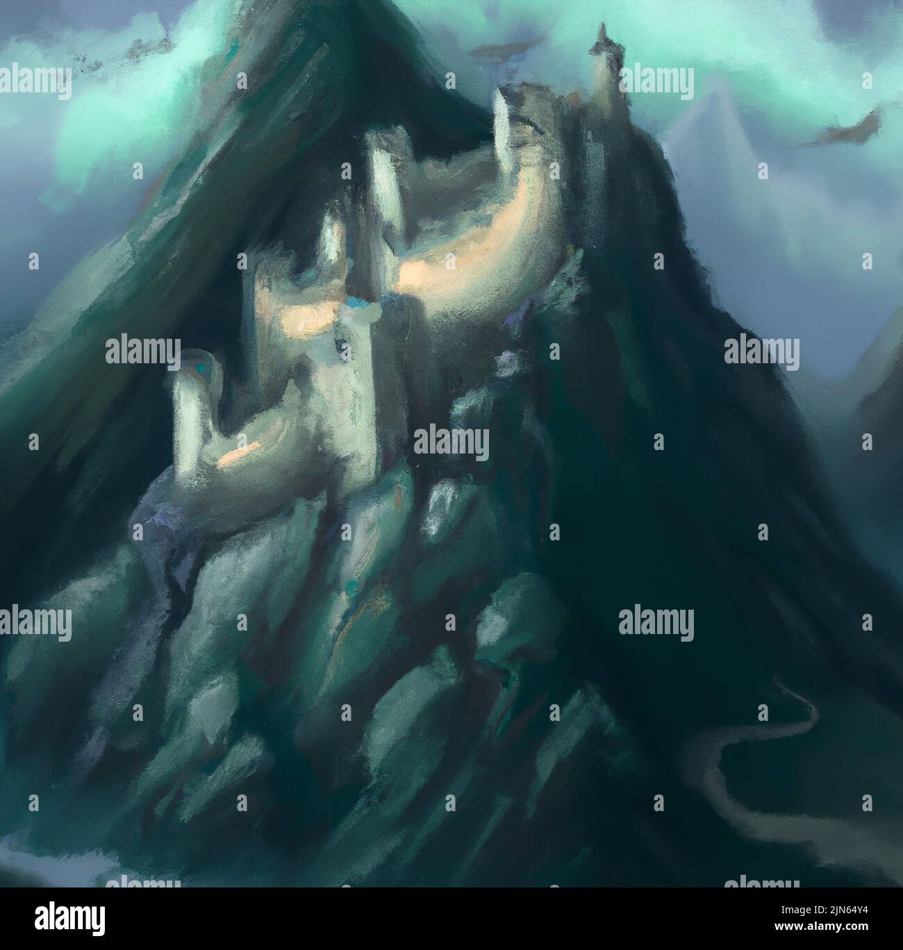 Mystic dark fantasy medieval castle with dragons flying in the sky ...