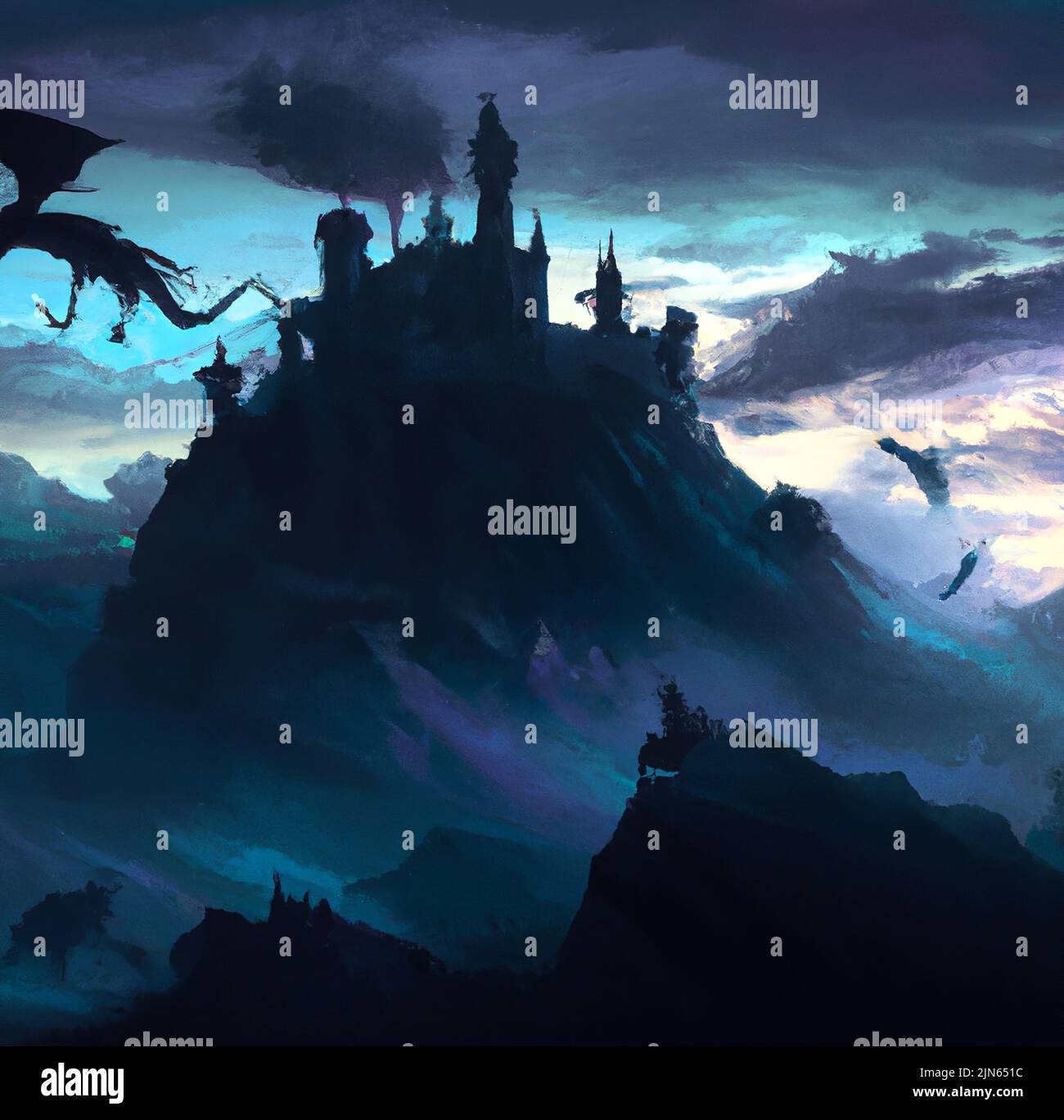 Mystic dark fantasy medieval castle with dragons flying in the sky ...