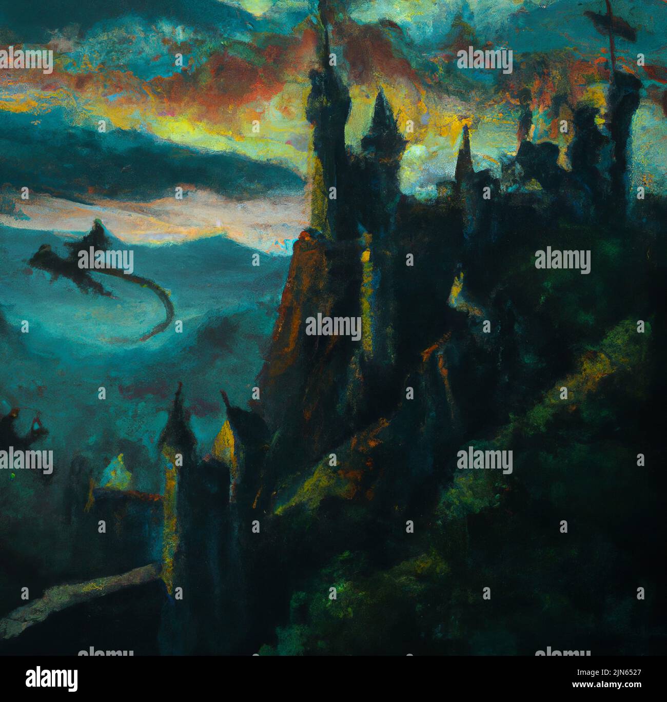 Mystic dark fantasy medieval castle with dragons flying in the sky ...