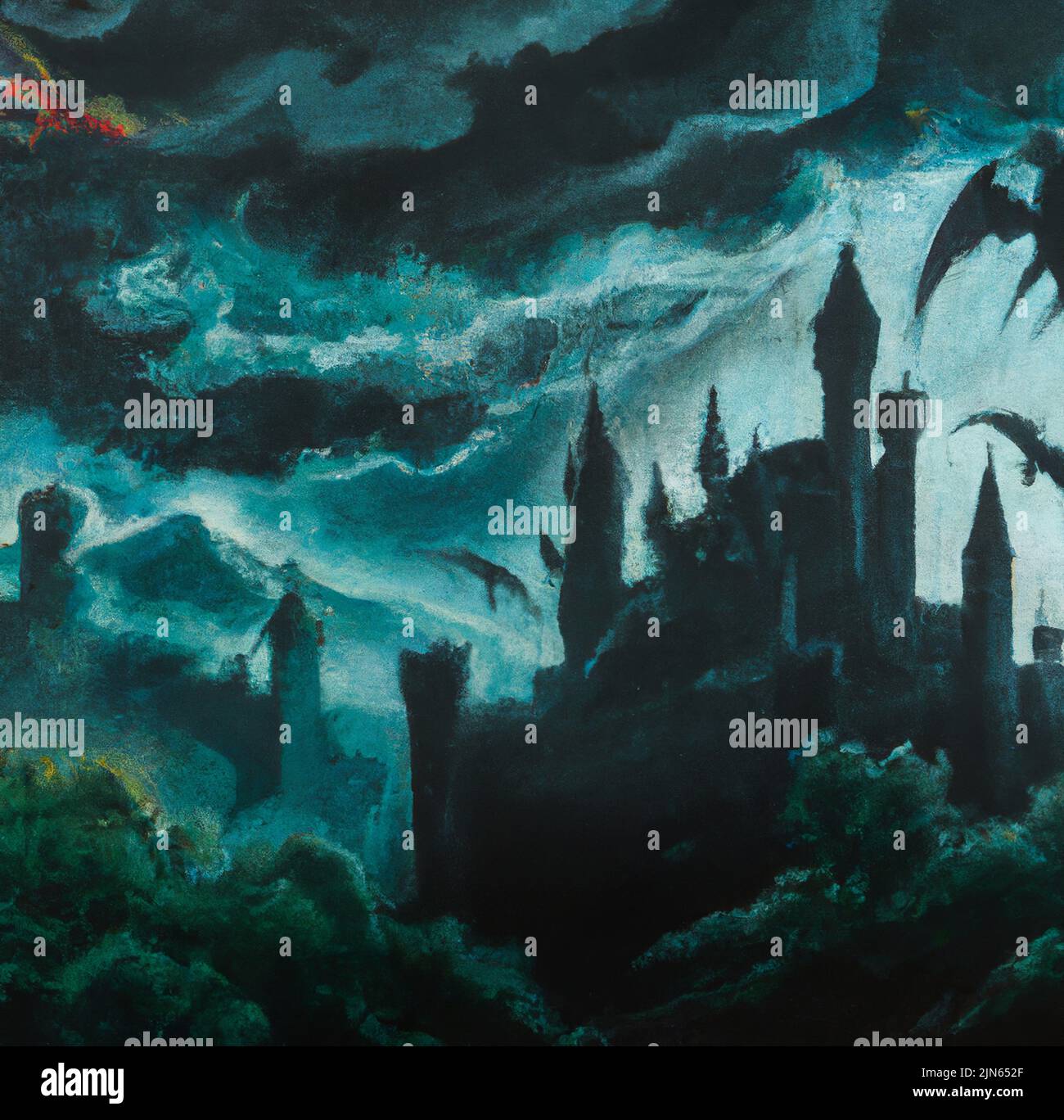 Mystic dark fantasy medieval castle with dragons flying in the sky ...