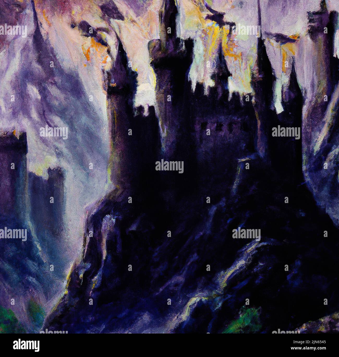 Mystic dark fantasy medieval castle with dragons flying in the sky ...