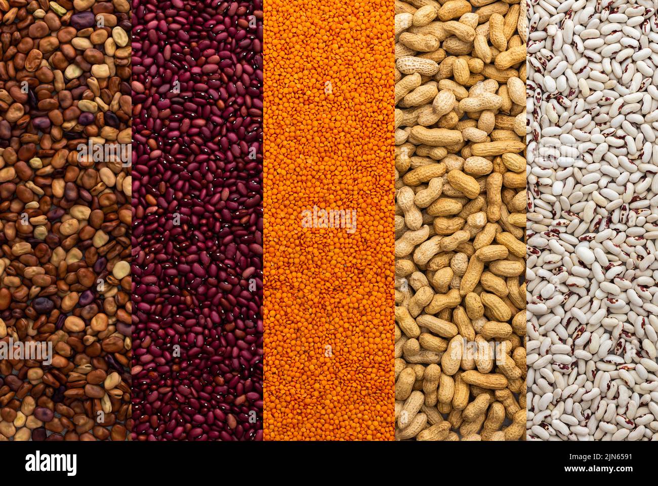 Different types of legumes, peanuts and lentils, red, white and brown ...