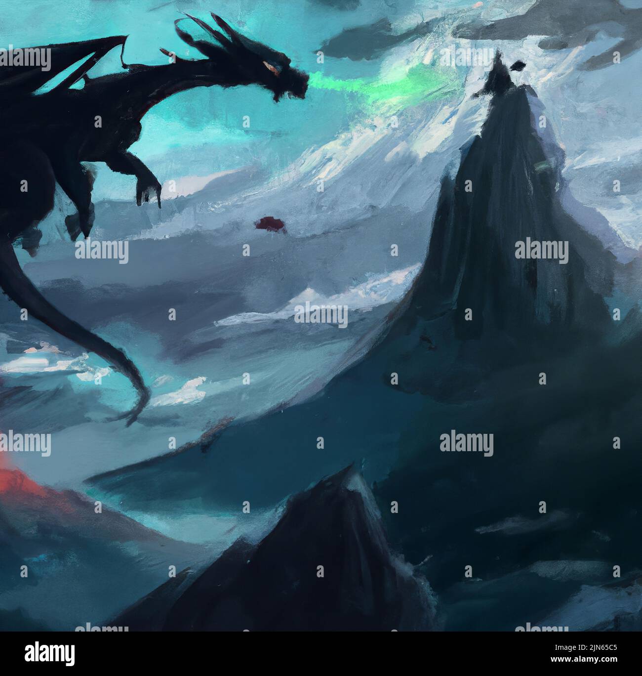 Mystic dark fantasy medieval castle with dragons flying in the sky ...