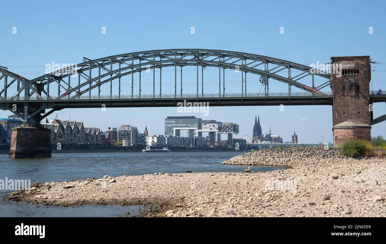 Low water of the Rhine river in Cologne, drought in Germany Stock Photo ...
