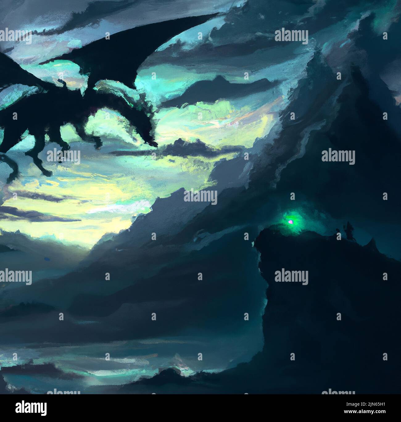 Mystic dark fantasy medieval castle with dragons flying in the sky ...