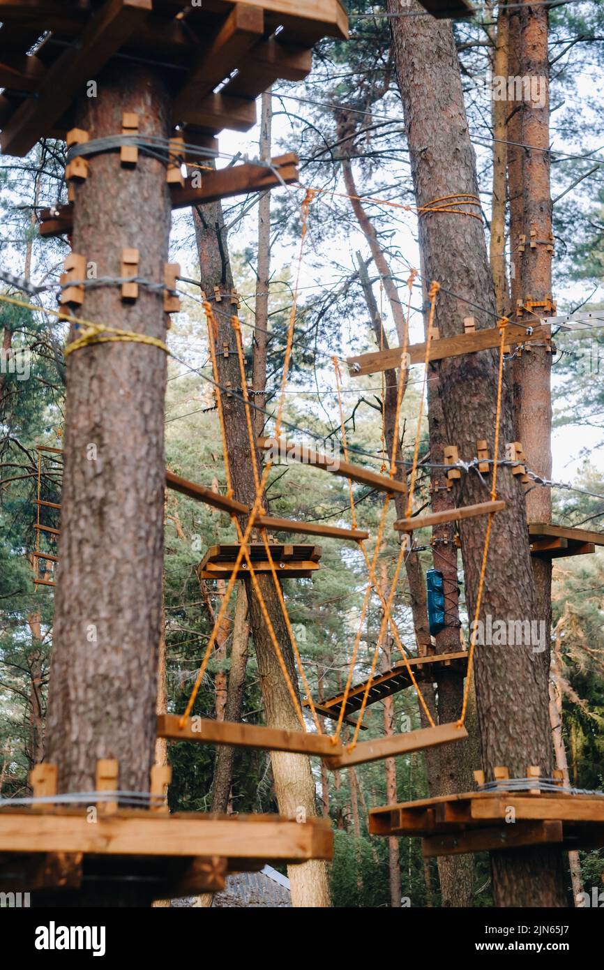 Elements of a rope town in the park. An empty rope town in the forest ...