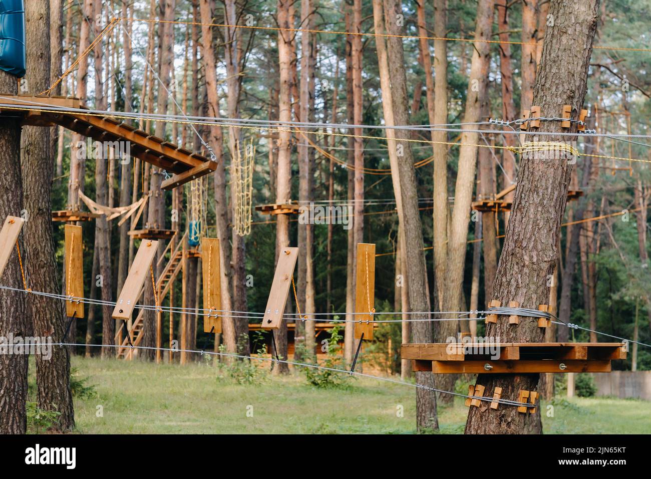 Elements of a rope town in the park. An empty rope town in the forest ...