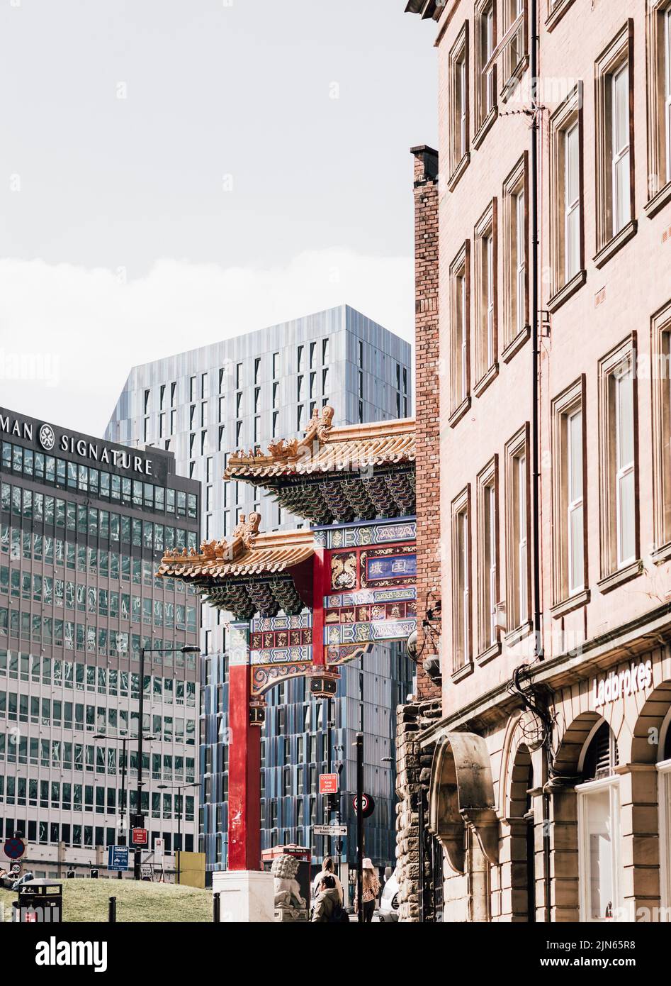 A vertical shot of the Chinese-styled arch in the street of ...